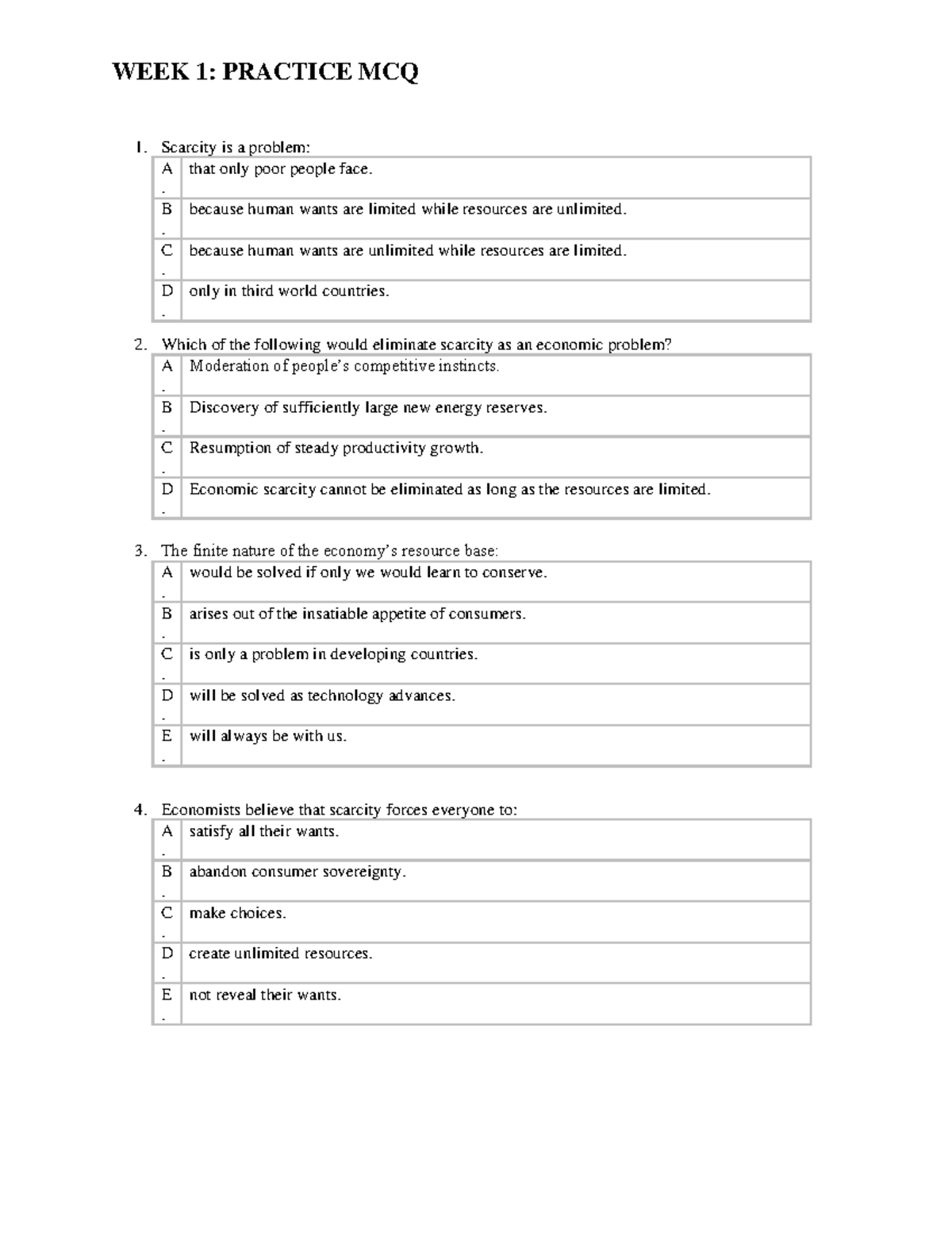 Practice MCQ Question Week 1 - WEEK 1: PRACTICE MCQ 1. Scarcity is a ...