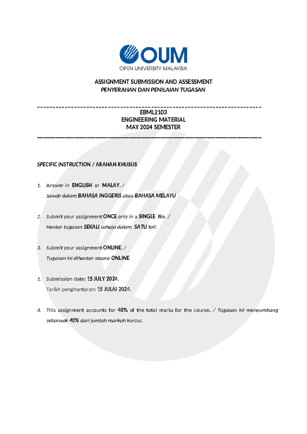 EBML2103 Engineering Material - ASSIGNMENT SUBMISSION AND ASSESSMENT PENYERAHAN DAN PENILAIAN ...
