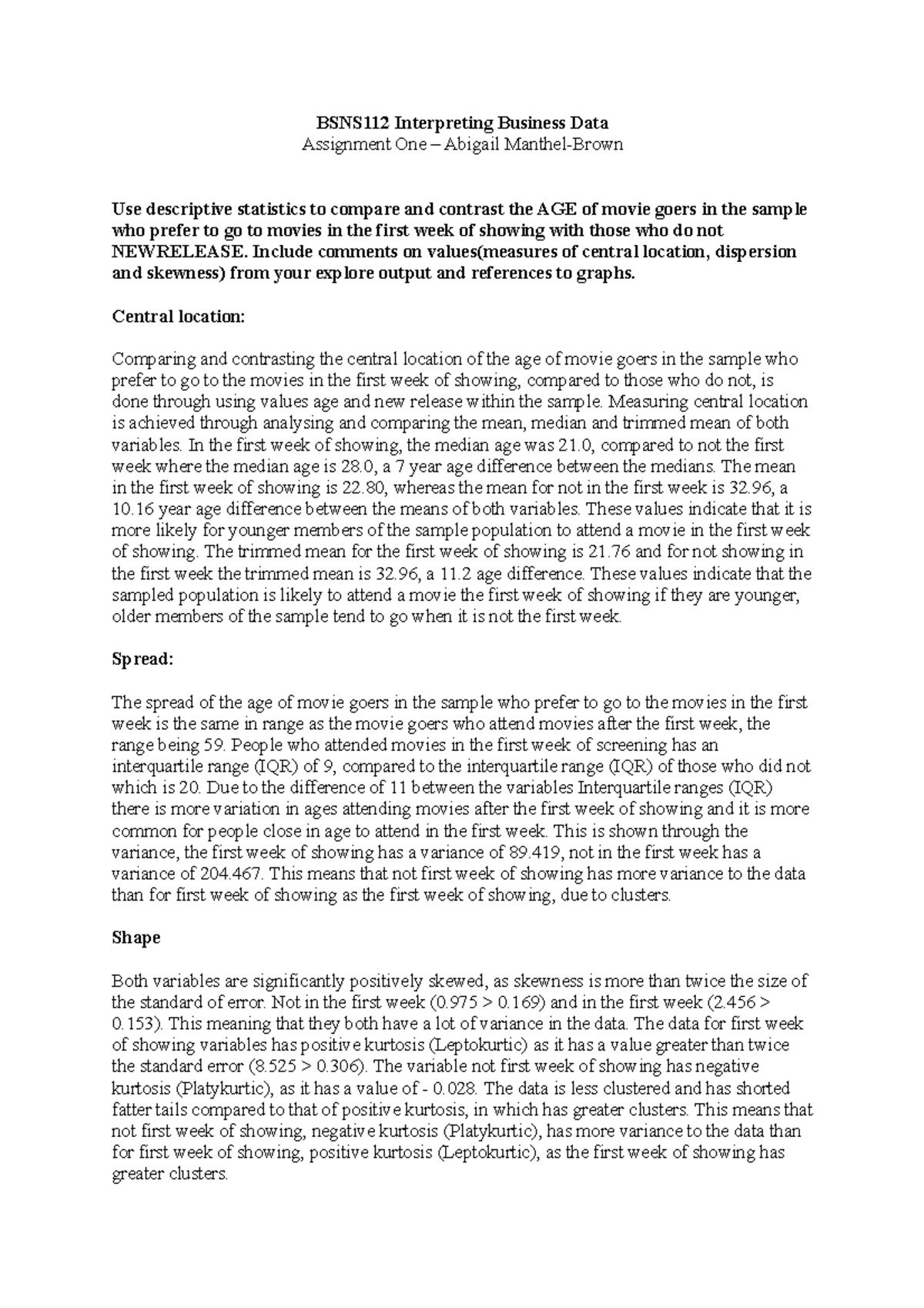 BSNS112 Assignment 1 (A+, 92/100) - BSNS112 Interpreting Business Data Assignment One – Abigail ...
