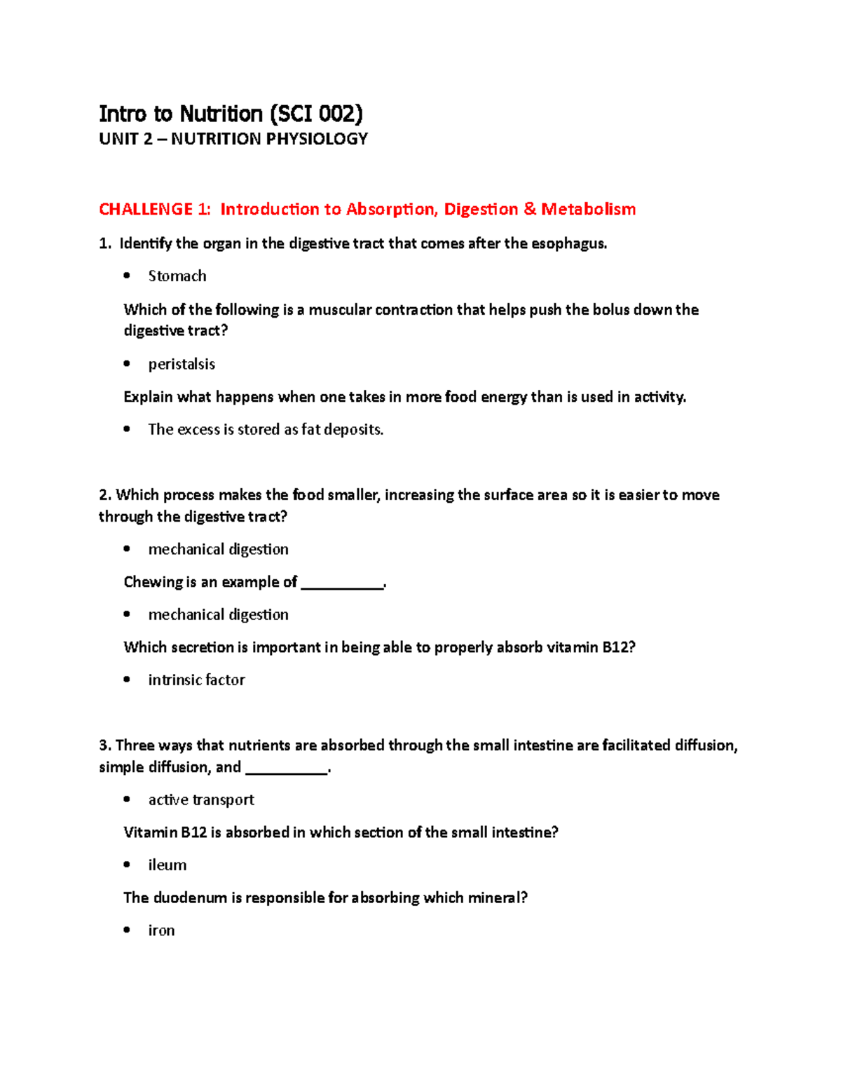 Intro to Nutri-SCI 002- Unit 2 - Intro to Nutrition (SCI 002 ) UNIT 2 ...