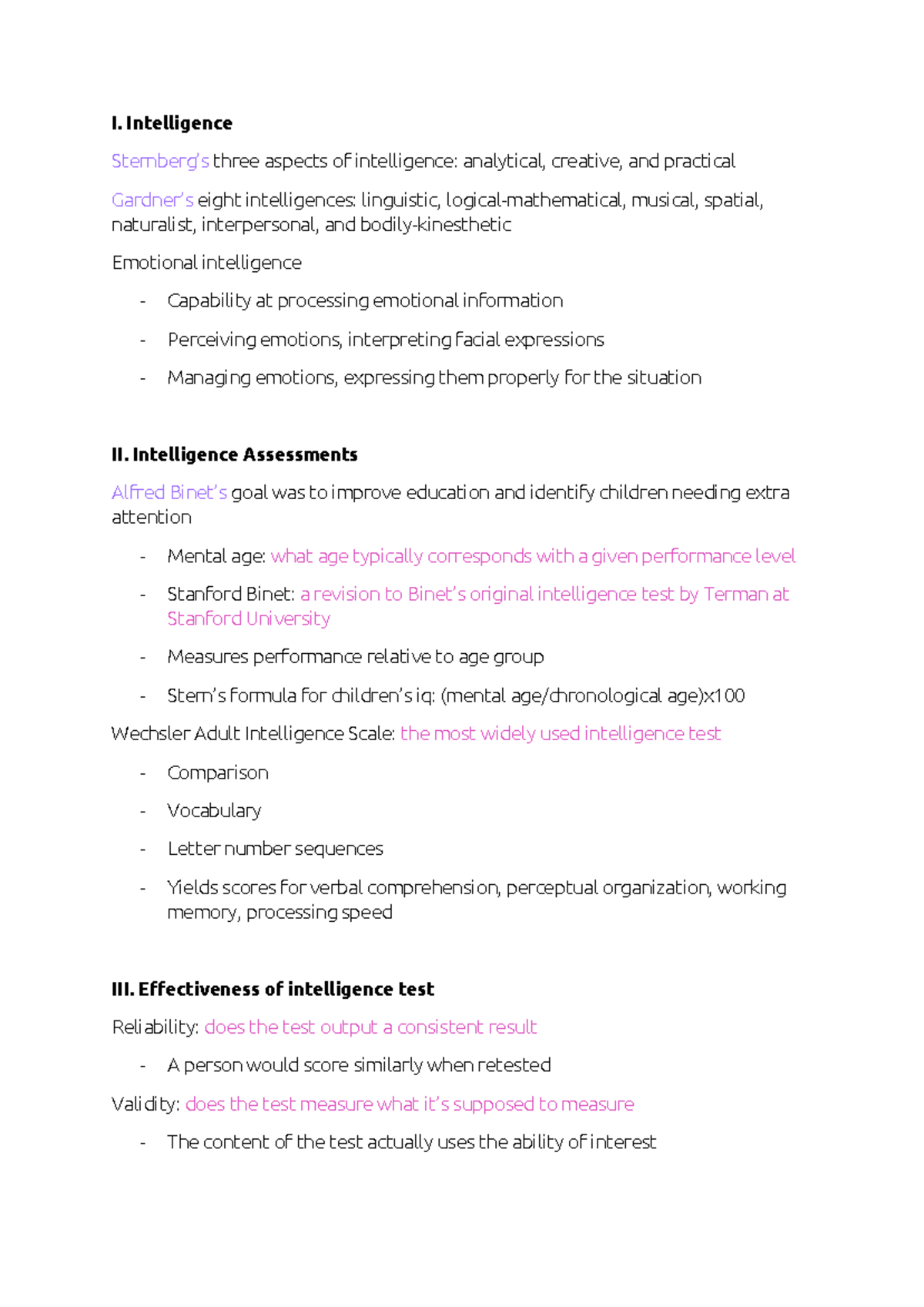 Intelligence - I. Intelligence Sternberg’s three aspects of ...