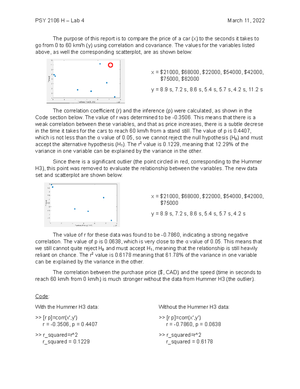 PSY2106 H - Lab 4 2022 - PSY 2106 H – Lab 4 March 11, 2022 The purpose of this report is to ...