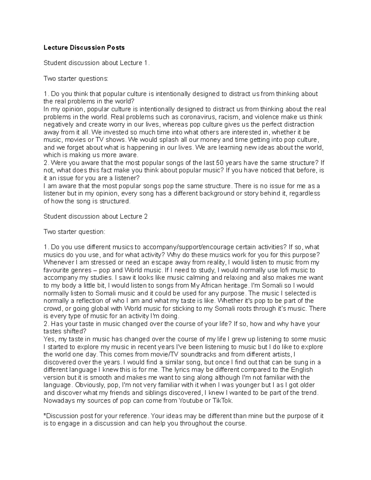 Lecture Discussion Posts - Weeks 1 and 2 - Lecture Discussion Posts ...