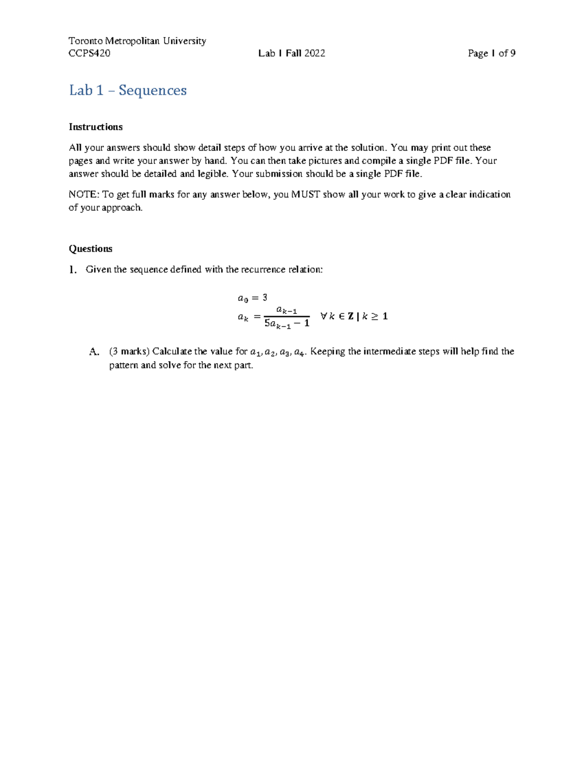 CCPS420-Lab1-F2022 - Discrete Structures - CCPS420 Lab 1 Fall 2022 Page 1 of 9 Lab 1 – Sequences ...