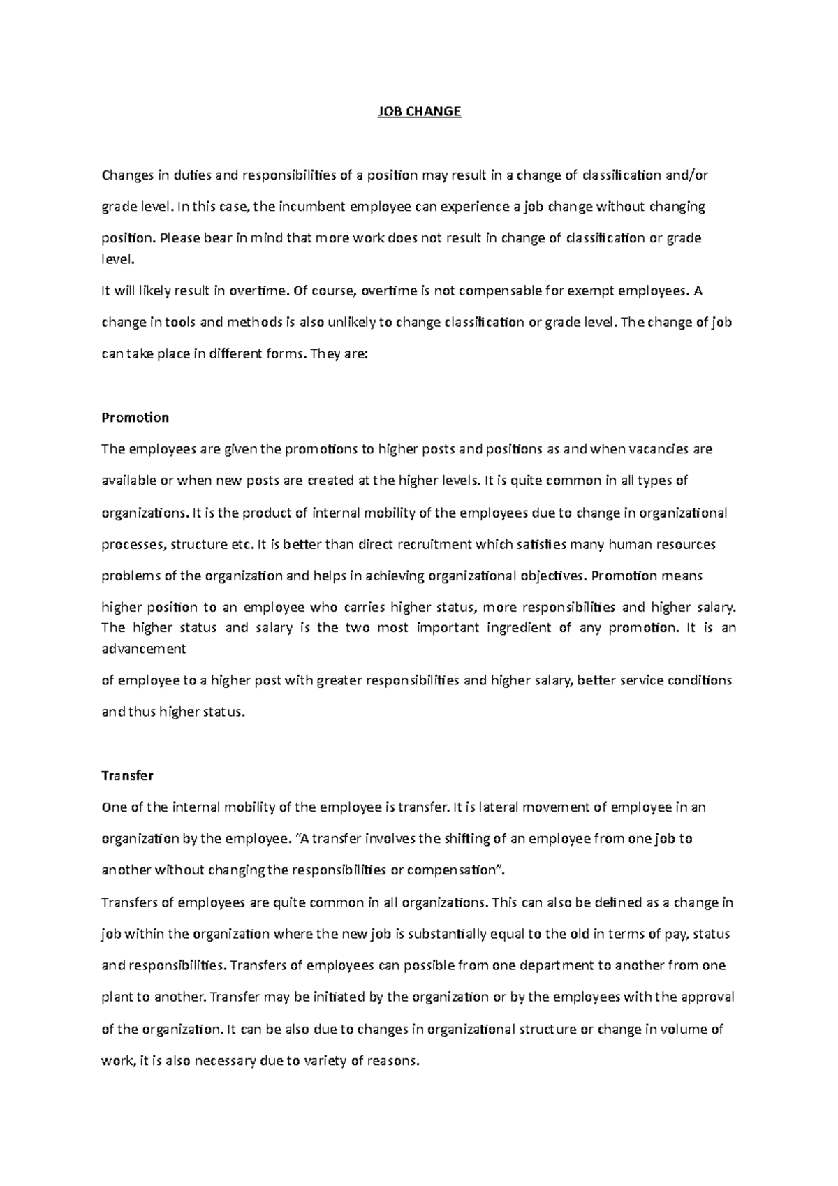 Hrm 5 - Lecture note - JOB CHANGE Changes in duties and ...