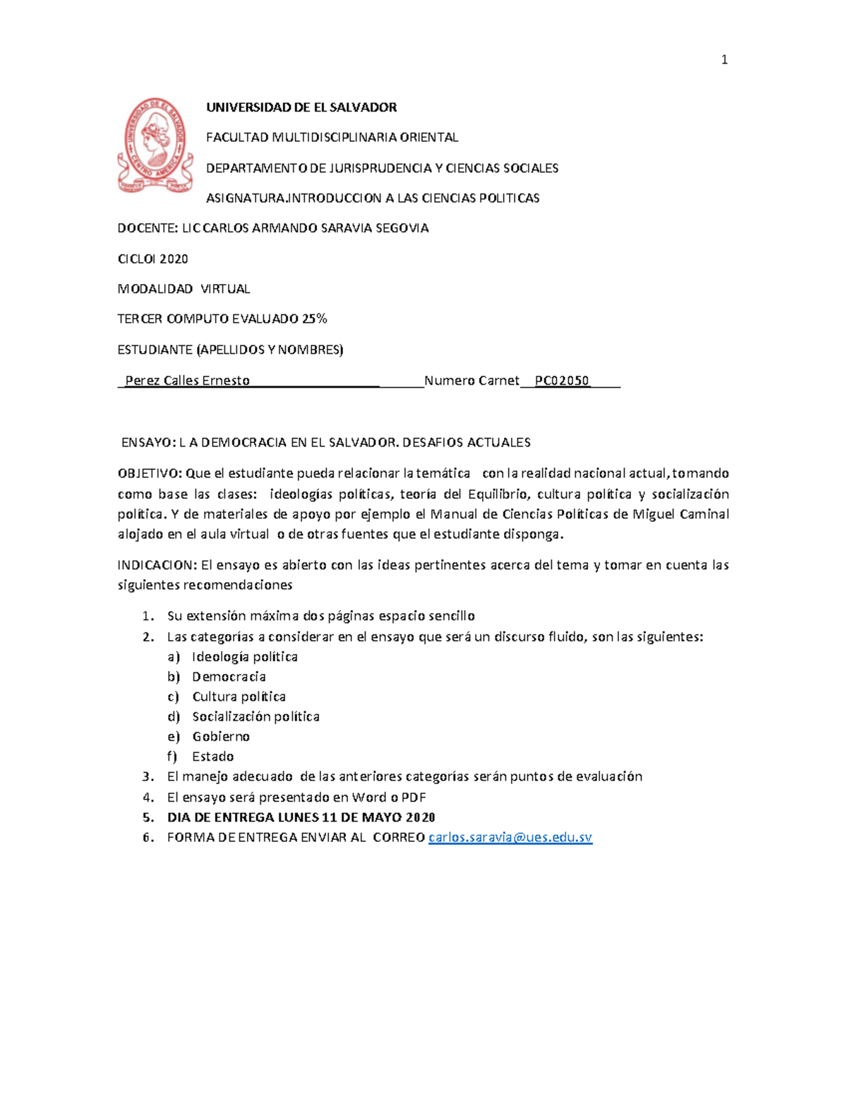 Ensayo por Ernesto Perez Calles - Estado, Gobierno Y Sociedad - UES ...