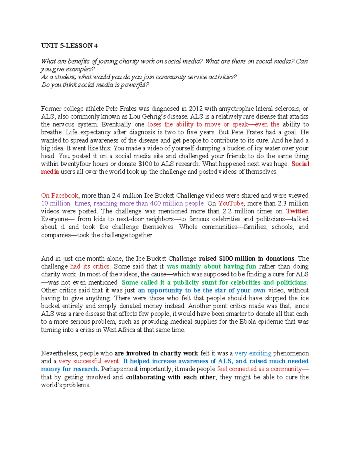 UNIT 5 lesson 4 - Yeyeeheh - UNIT 5-LESSON 4 What are benefits of ...