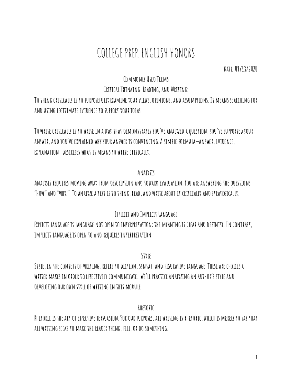 College prep. notes - COLLEGE PREP. ENGLISH HONORS Date: 09/13 ...