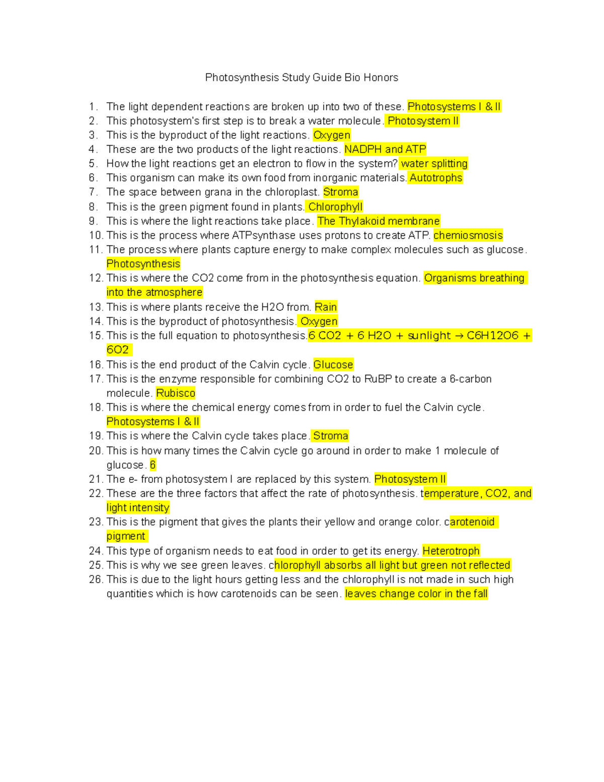 Photosynthesis Study Guide - BIOL 110 - Studocu