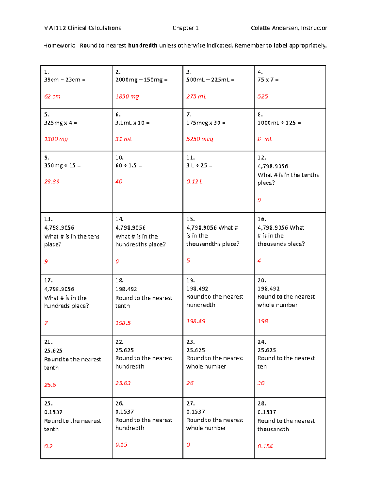 2019 Chapter 1 Homework Answers - MAT112 Clinical Calculations Chapter ...