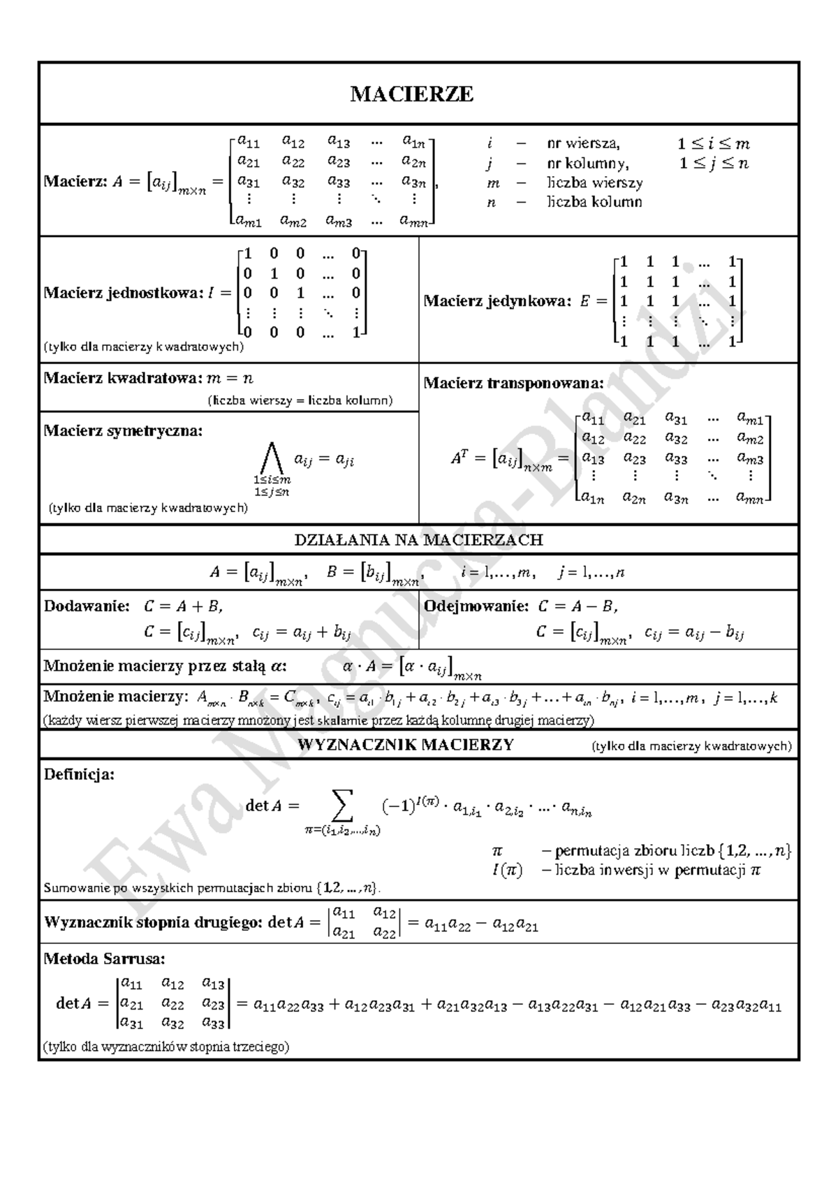 Macierze i wyznaczniki Teoria - MACIERZE Macierz: 𝐴 = [𝑎 𝑖𝑗 ] 𝑚×𝑛 = [ 𝑎 ...