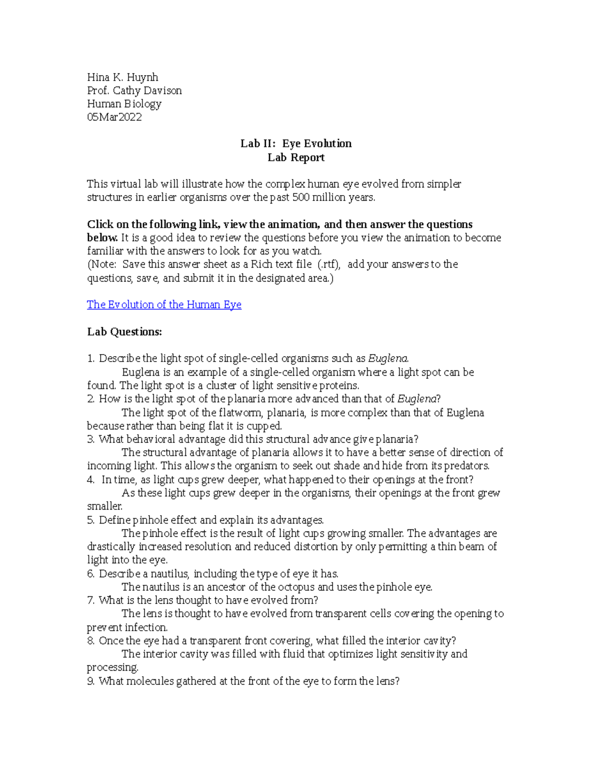 M4 Lab Lab Report - Hina K. Huynh Prof. Cathy Davison Human Biology ...