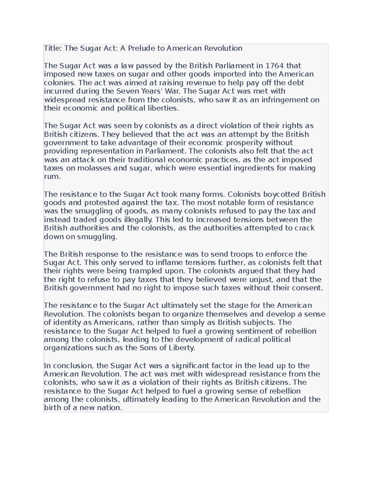 The Sugar Act - A Prelude to American Revolution - Title: The Sugar Act ...