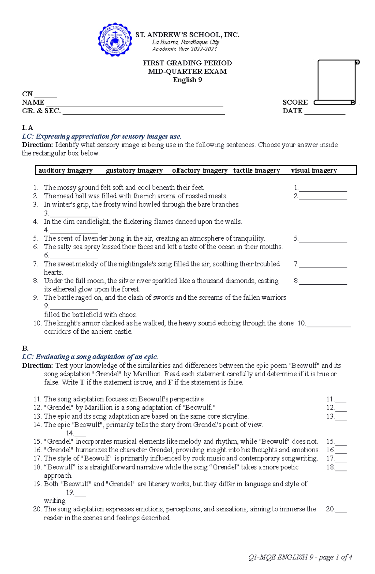Q1 Mid-Quarter Exam for English 9 - ST. ANDREW’S SCHOOL, INC. La Huerta ...