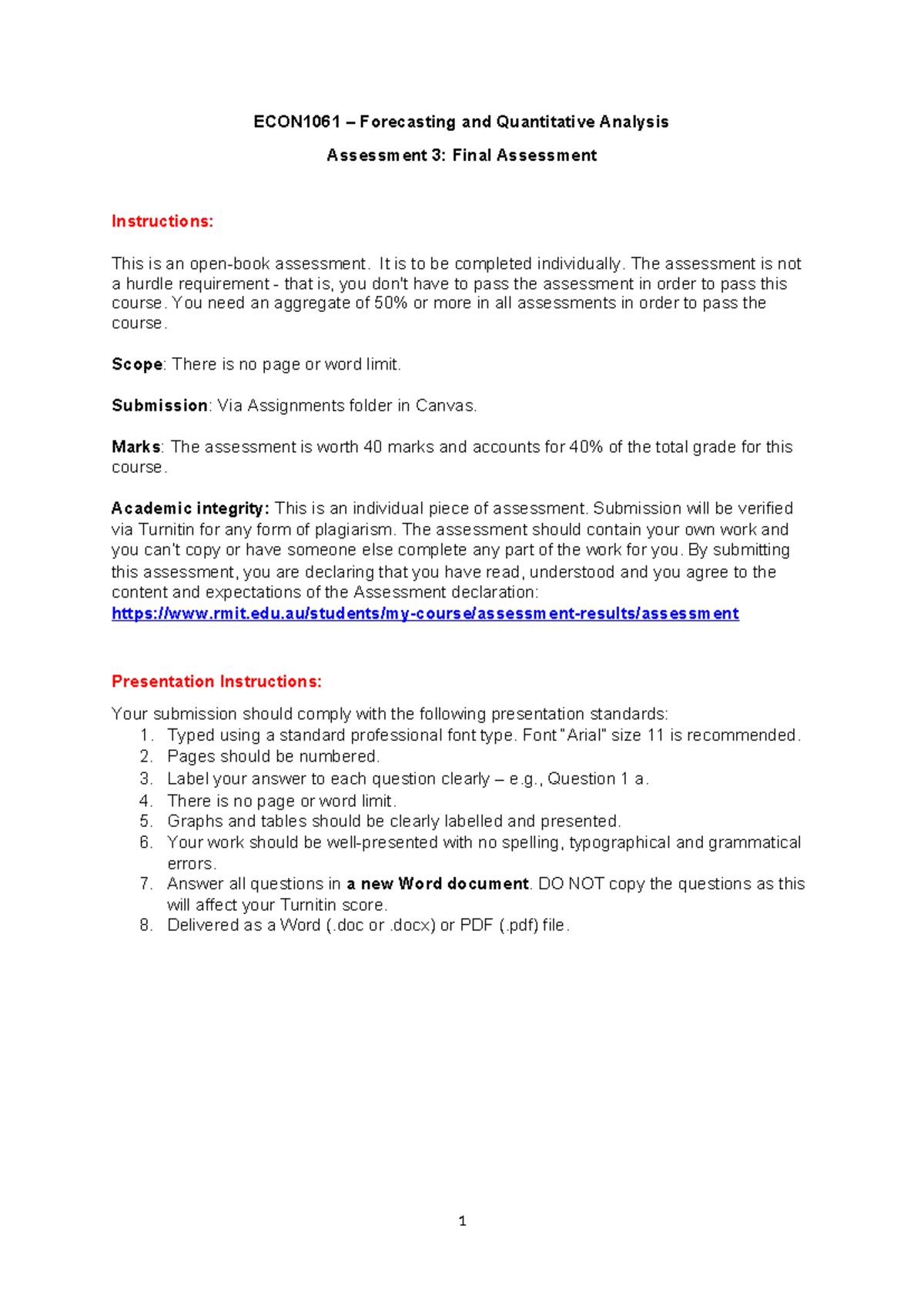 Final Assessment ECON1061 - Sem 1 2024 - ECON1061 – Forecasting and Quantitative Analysis ...