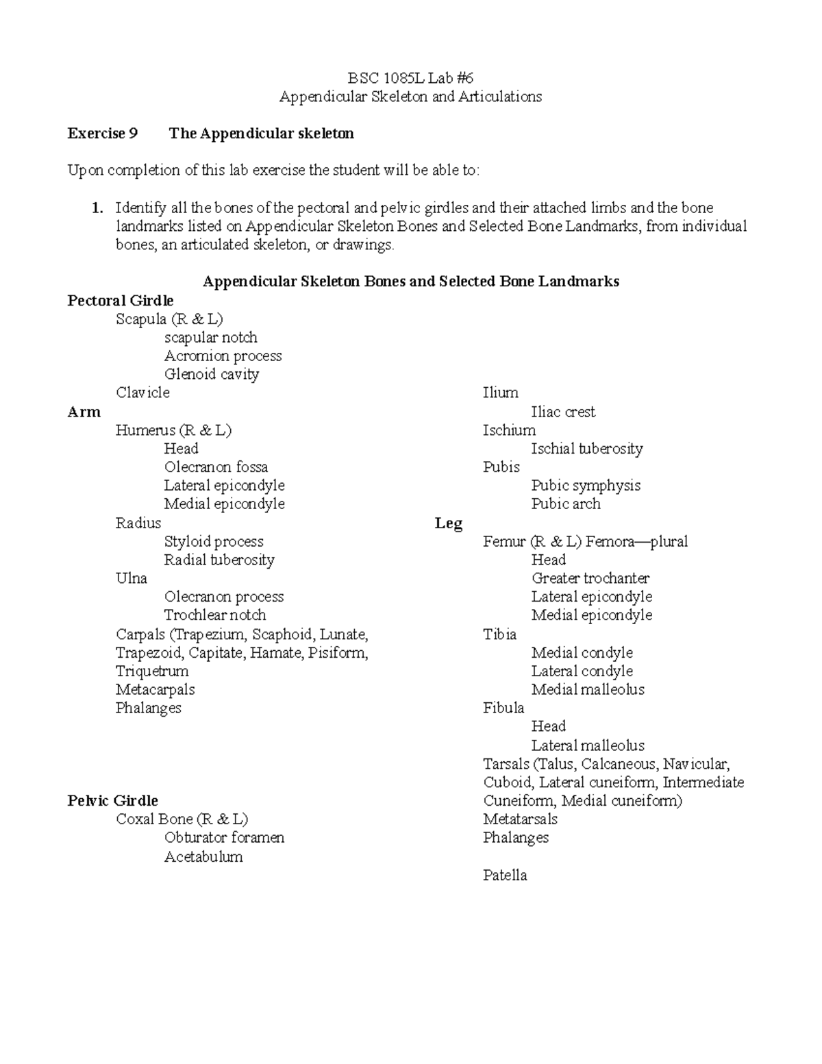 Anatomy and physiology 1 lab exercise 9 and 10 lab document - BSC 1085L ...