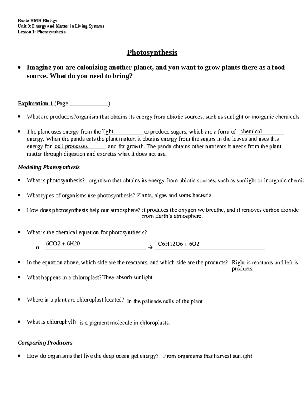 07 Unit3 L1-2 Photosynthesis - Unit 3: Energy and Matter in Living ...