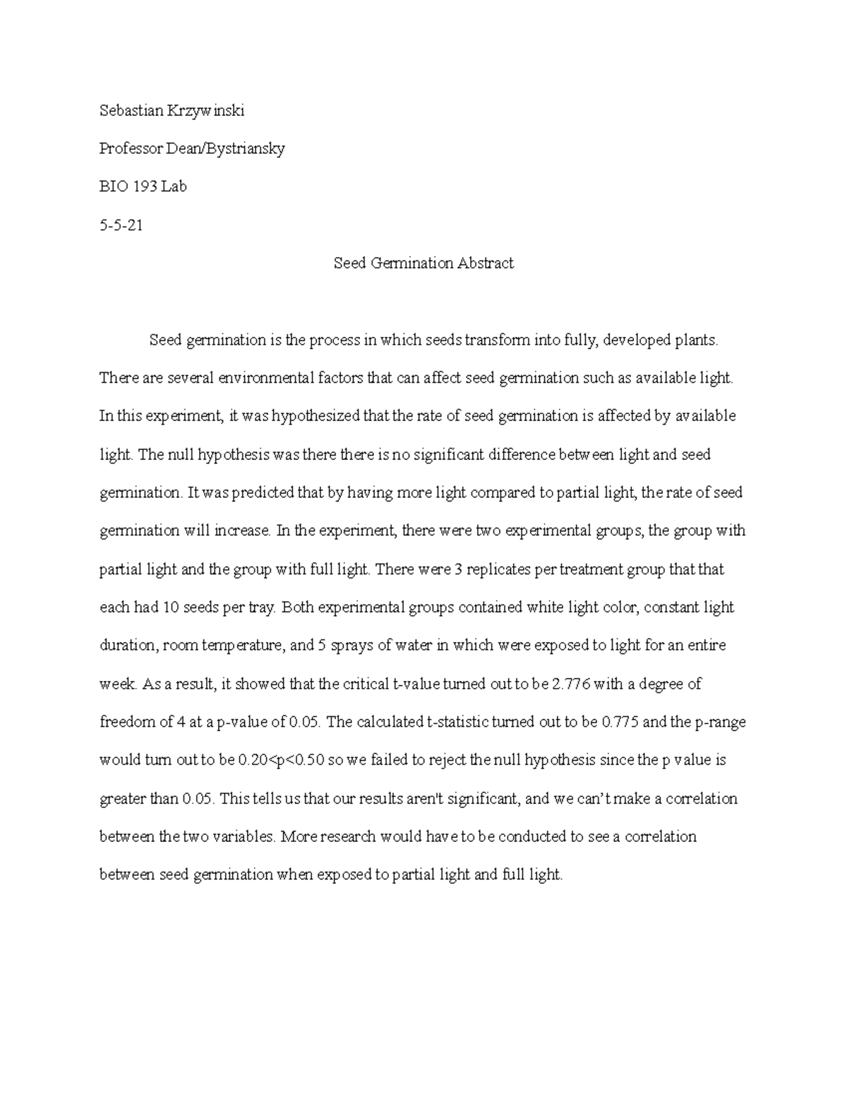 Seed germination abstract - BIO 193 - Studocu
