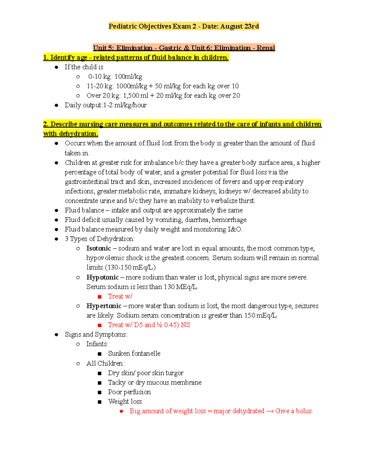 Pedi Exam 3 Objectives-1 - Pediatric Objectives Exam 2 - Date: August ...