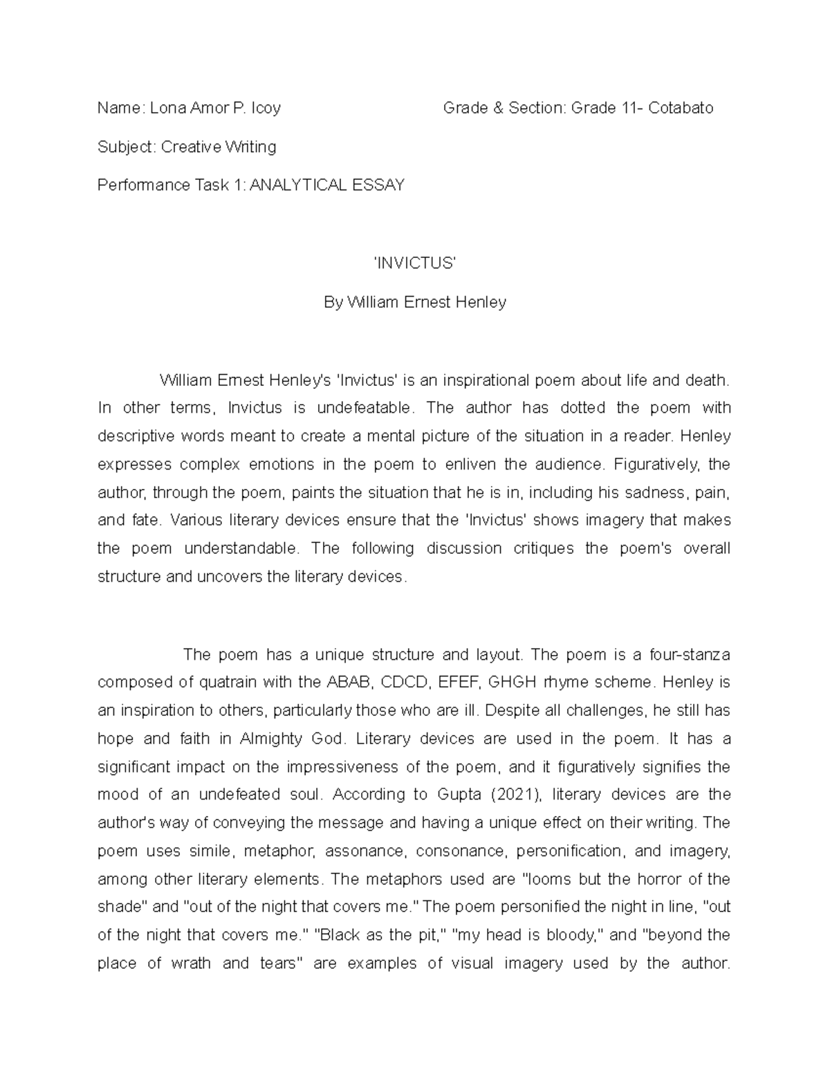 Analytical Essay ‘INVICTUS’ by William Ernest Henley - Name: Lona Amor ...