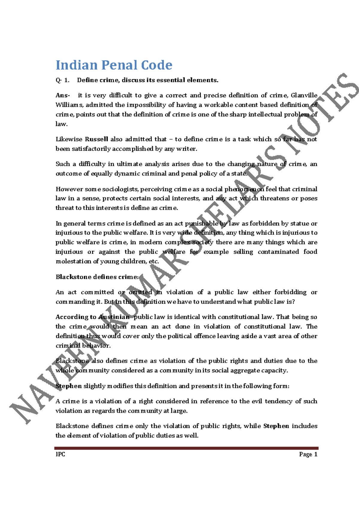 Indian penal code llb i year notes - Indian Penal Code 1. Define crime ...
