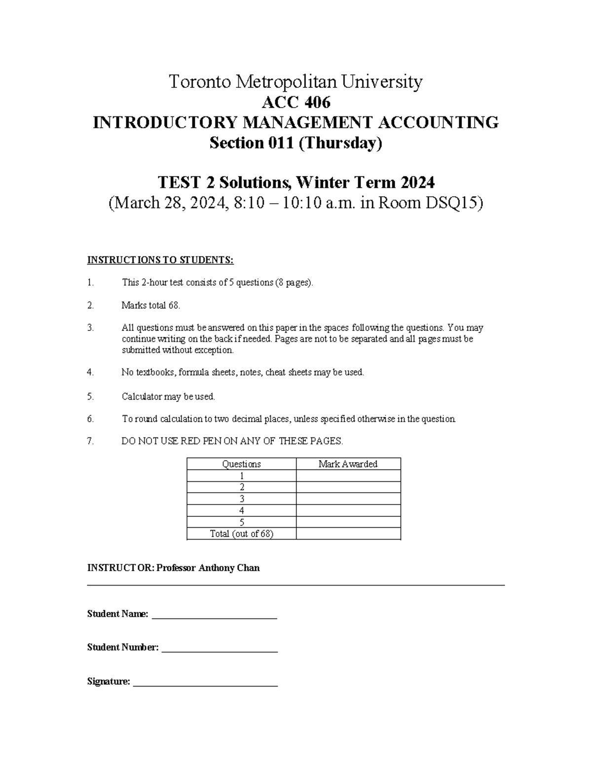ACC406 S11 Thursday Test2Sol W2024 - Toronto Metropolitan University ...