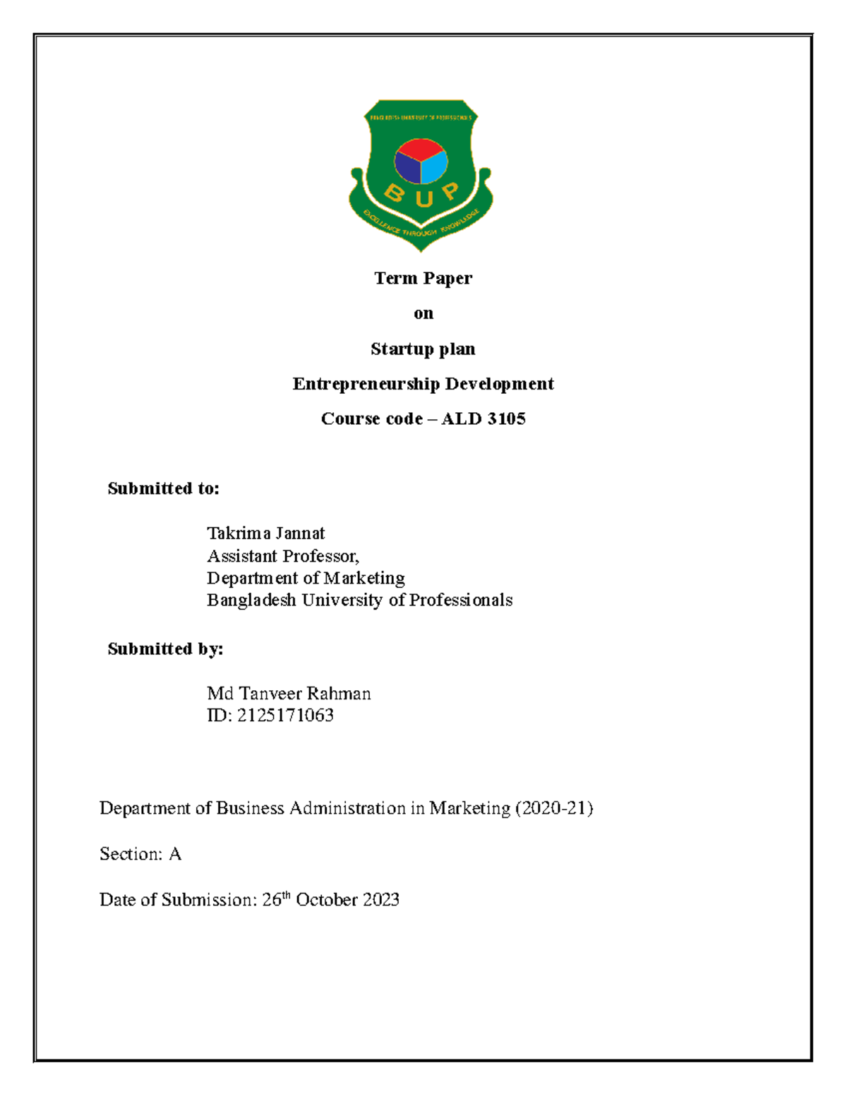 2125171063 Term Paper (ED) - Term Paper on Startup plan ...