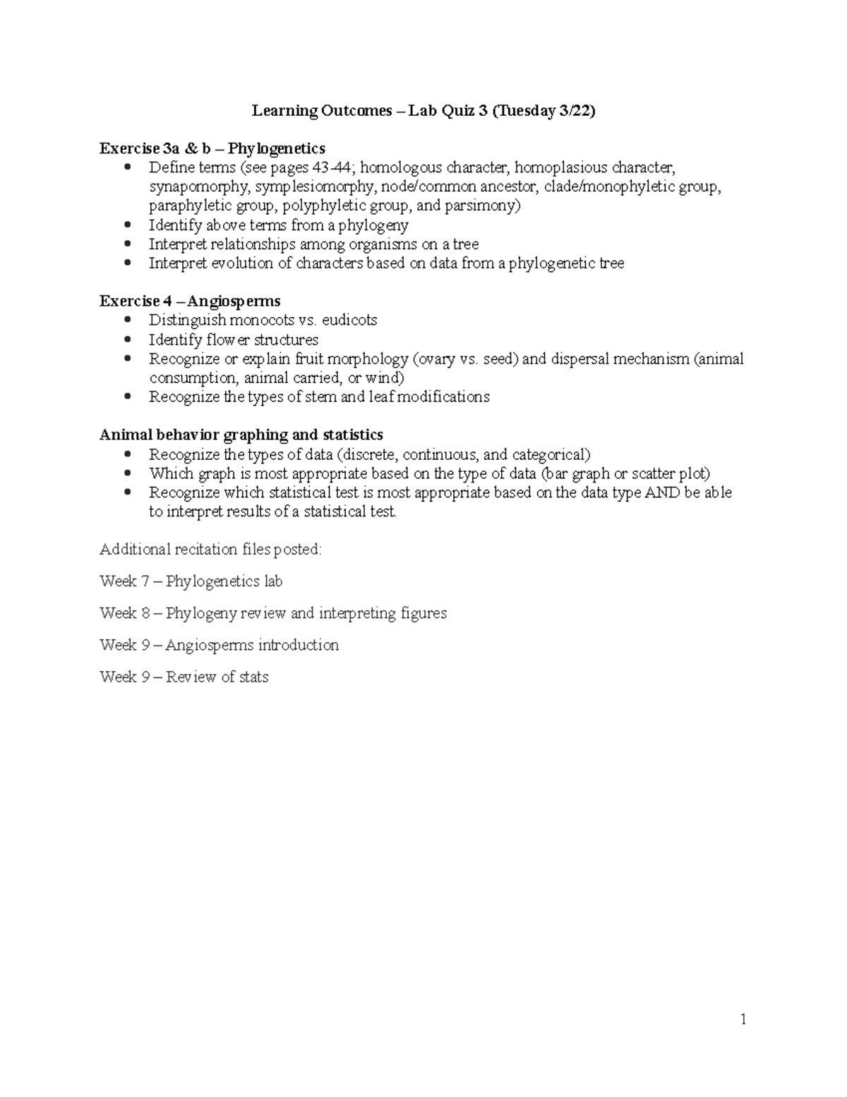 OBrien Bio 1114-Learning Outcomes-Exam 2 - Learning Outcomes – Lab Quiz ...