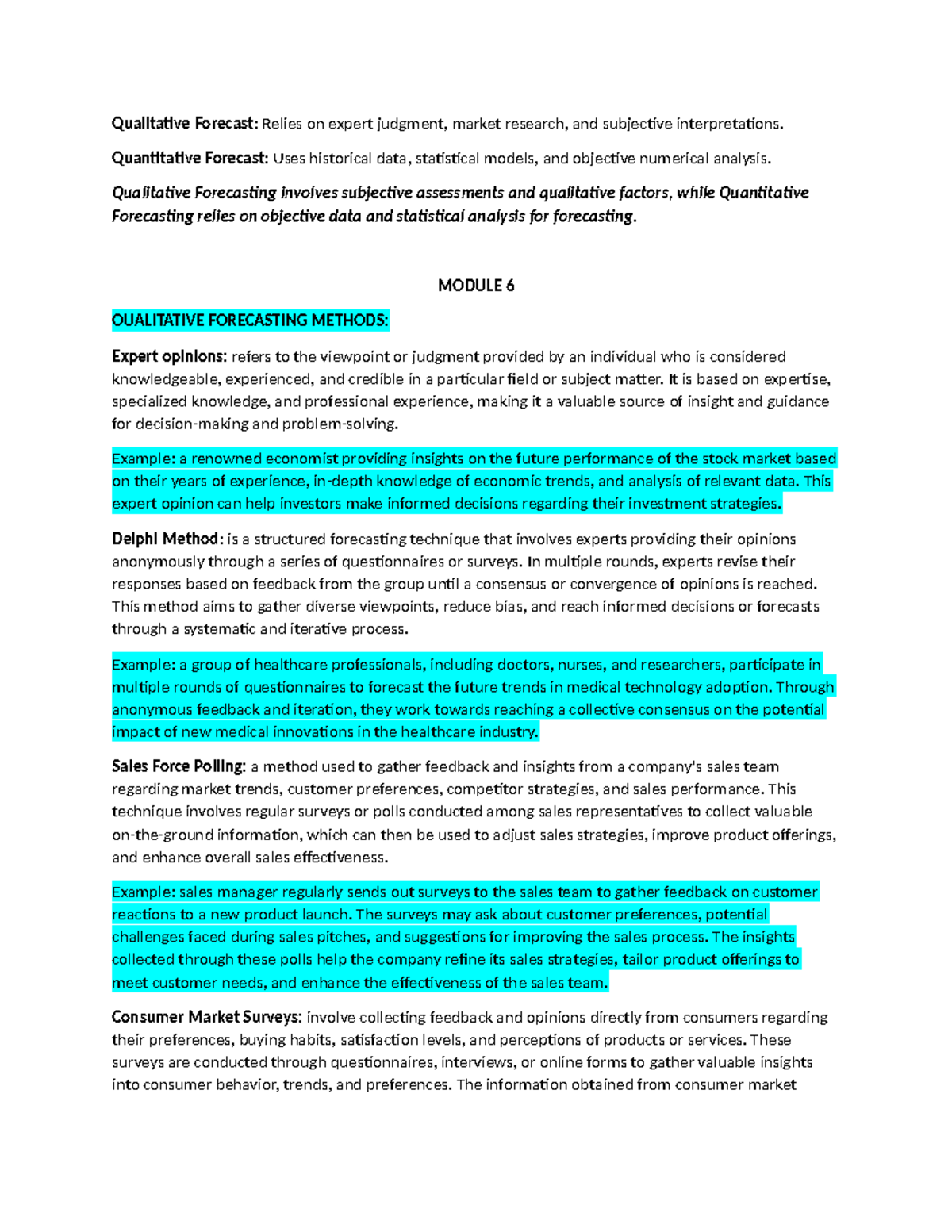FIN-ORAL - FIN MAN - Qualitative Forecast: Relies on expert judgment ...