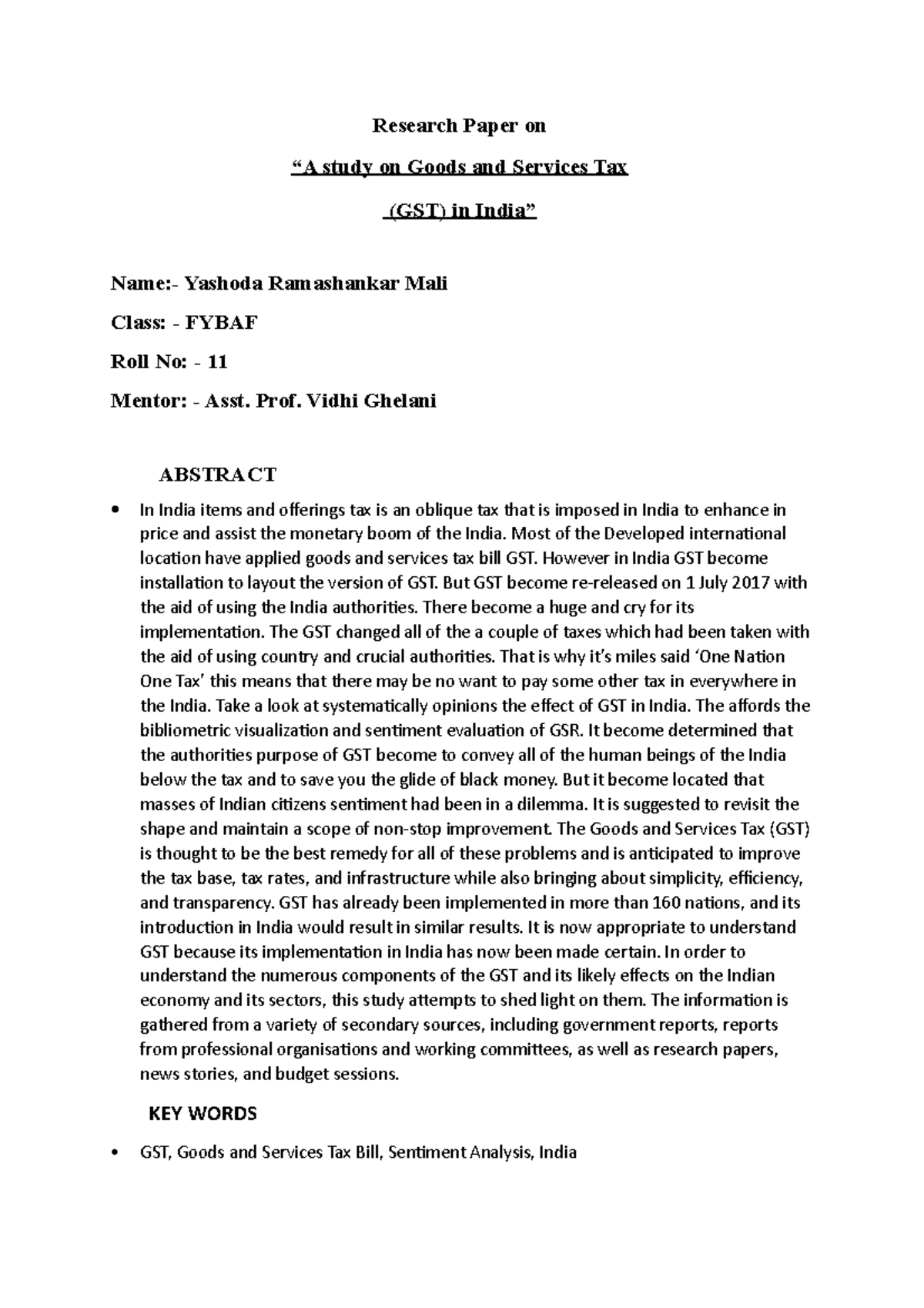Yashoda mali research paper - Research Paper on “A study on Goods and ...