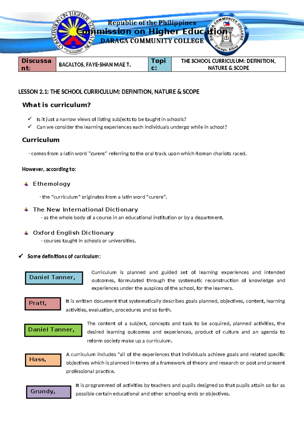 Chapter 1 Lesson 2: The School Curriculum - Republic of the Philippines ...