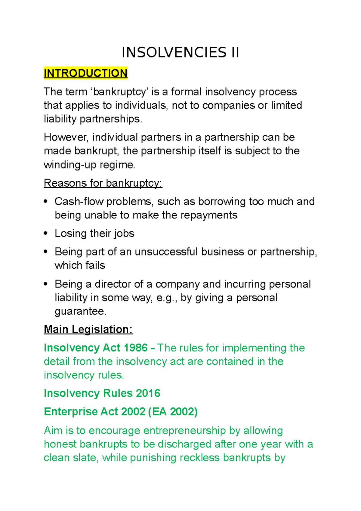 Insolvencies II - INSOLVENCIES II INTRODUCTION The term ‘bankruptcy’ is ...