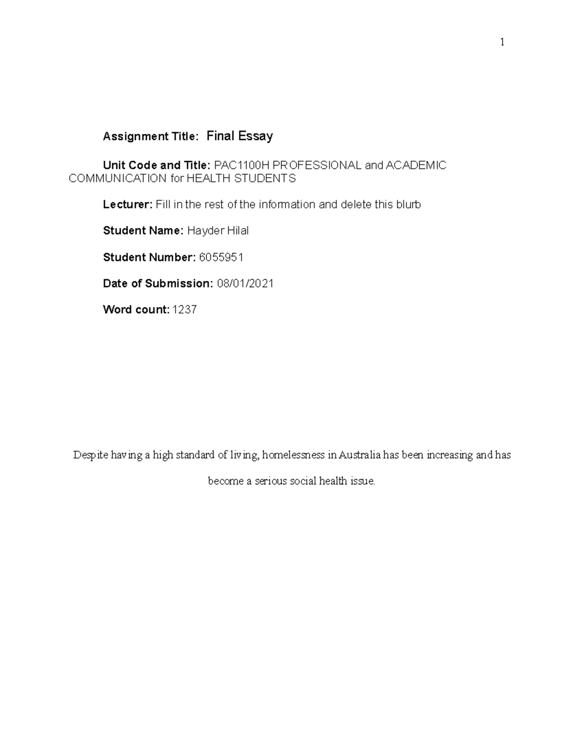 Final Essay Assignments - Assignment Title: Final Essay Unit Code and ...