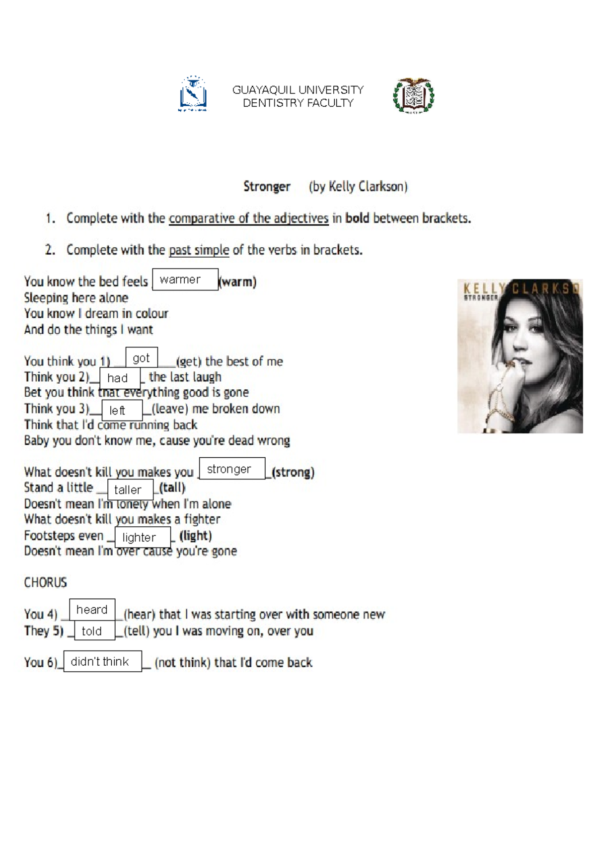Comparative Adjectives Song task Stronger - Ingles III - GUAYAQUIL ...