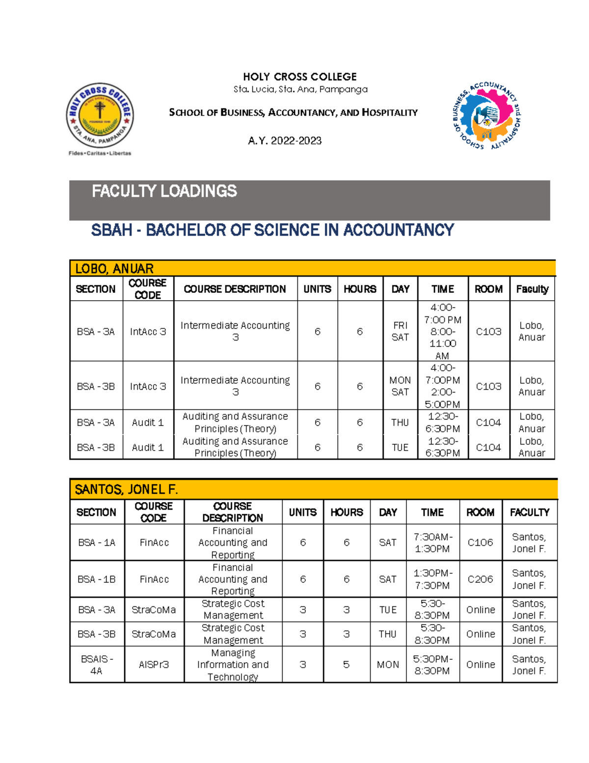 BSA Faculty Teaching Loads for the request of Solution Manuals - HOLY ...