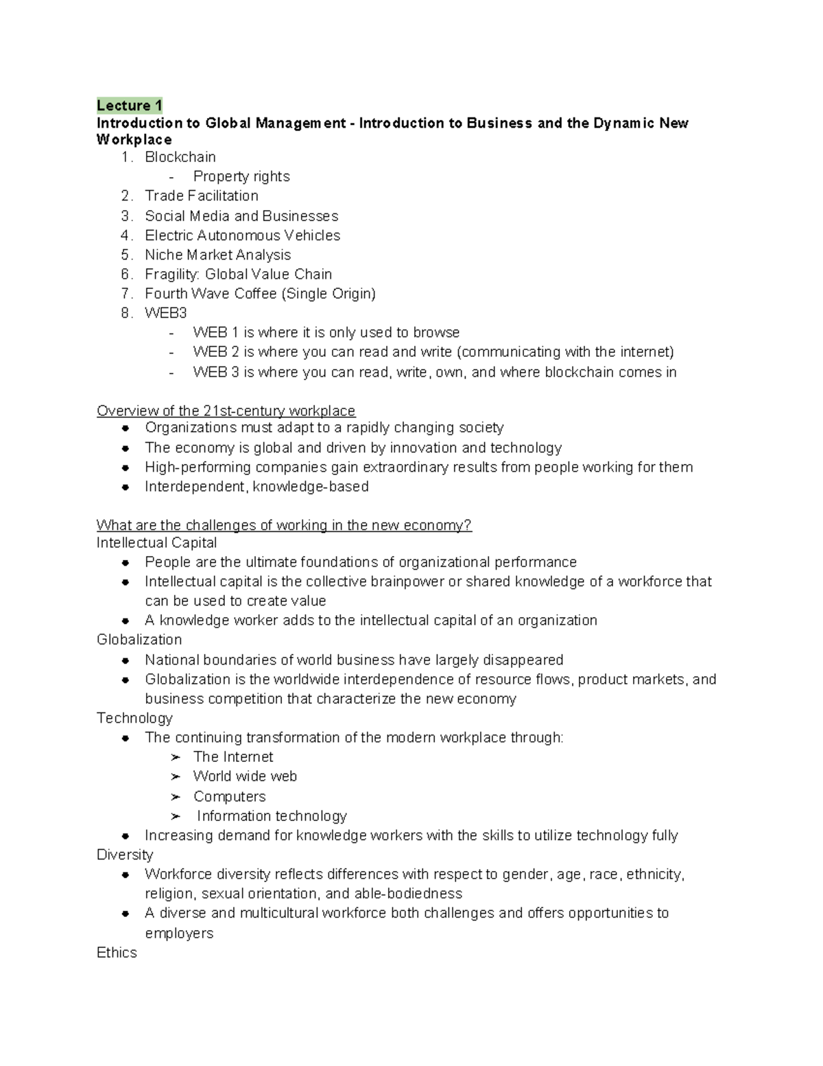GMS200 - Lecture 1 Notes - Lecture 1 Introduction to Global Management ...