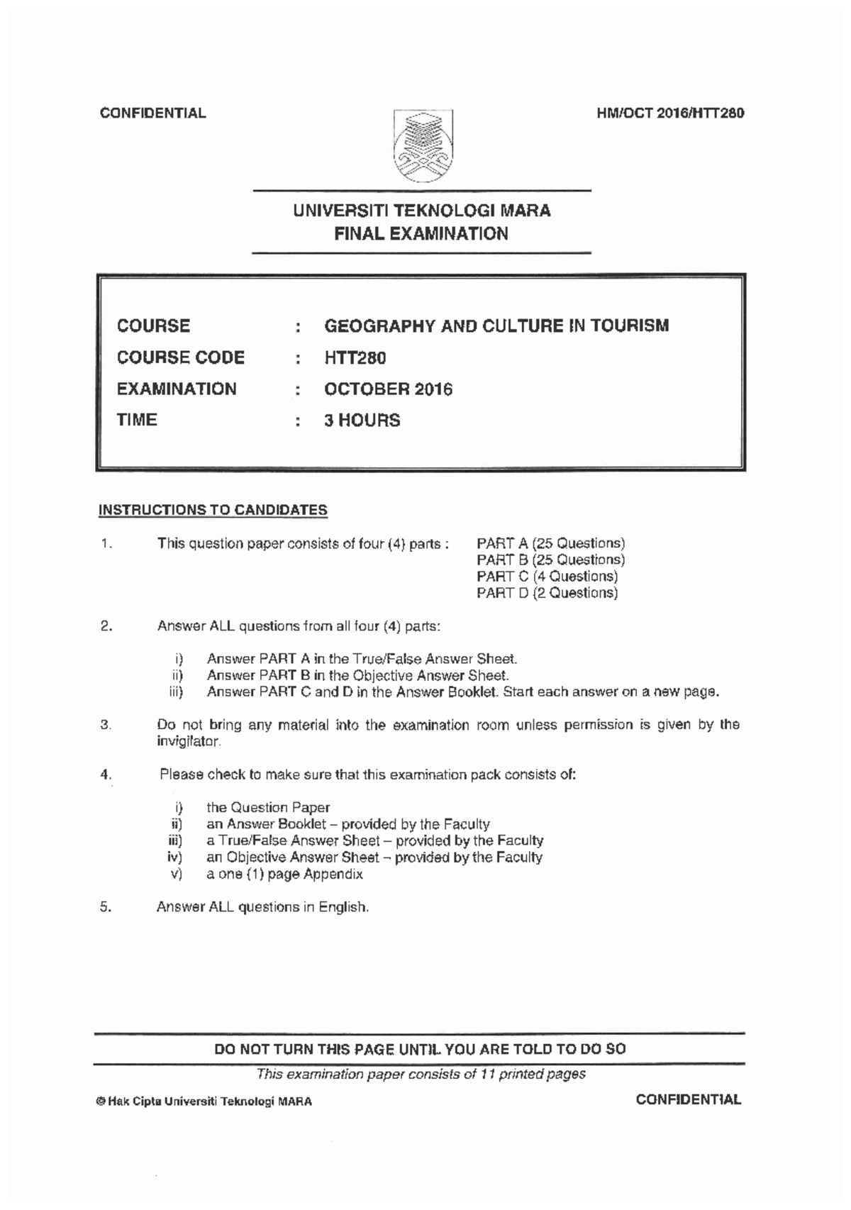 Faculty Hotel AND Tourism Management 2016 Session 1 - Diploma HTT280 ...
