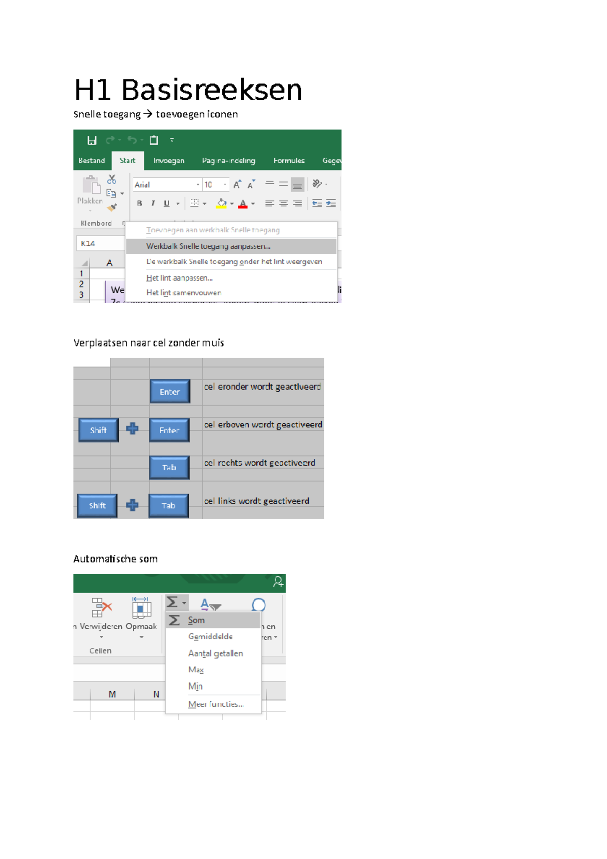 Document excel - H1 Basisreeksen Snelle toegang toevoegen iconen ...