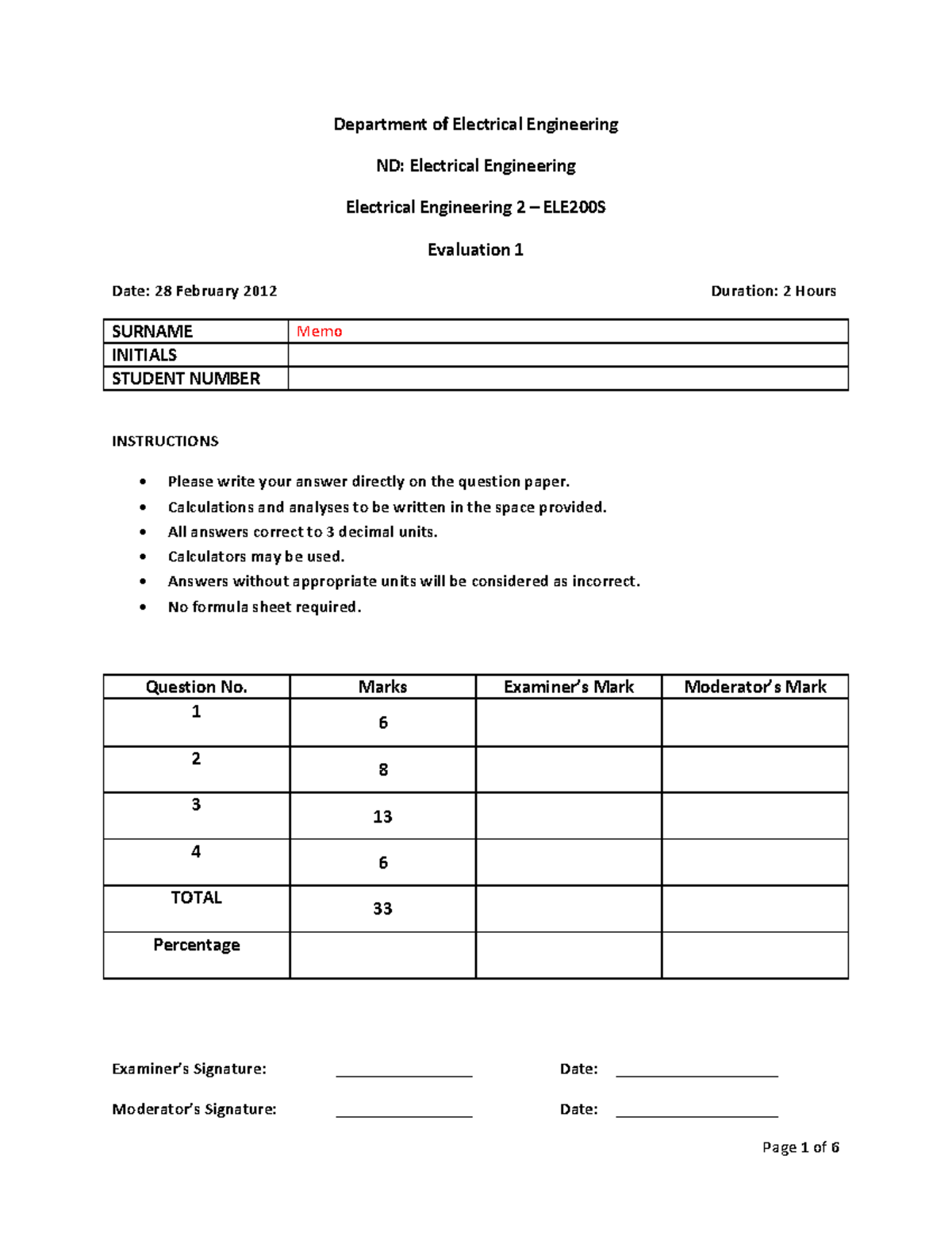 Evaluation test 1 - Department of Electrical Engineering ND: Electrical ...