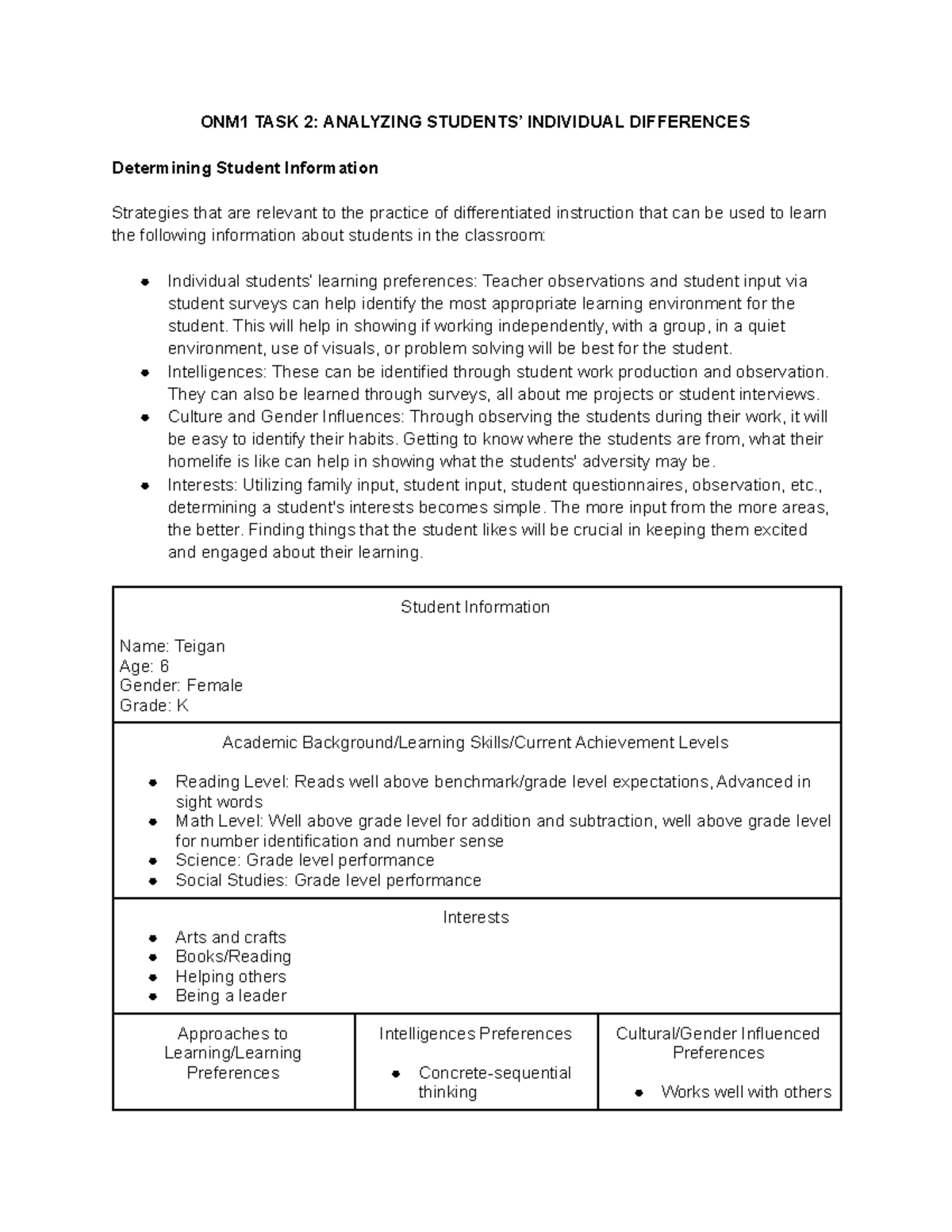 ONM1 TASK 2 Analyzing Students Individual Differences - ONM1 TASK 2: ANALYZING STUDENTS ...