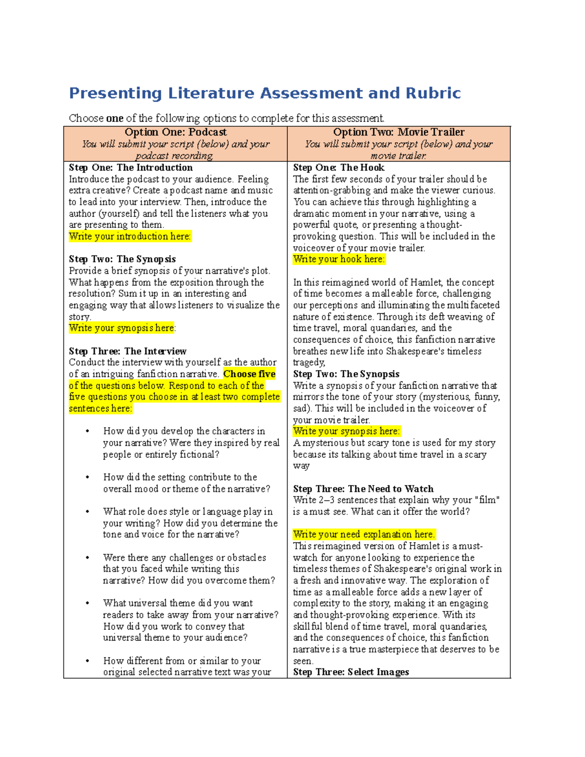 Presenting literature assessment rubric - Presenting Literature ...