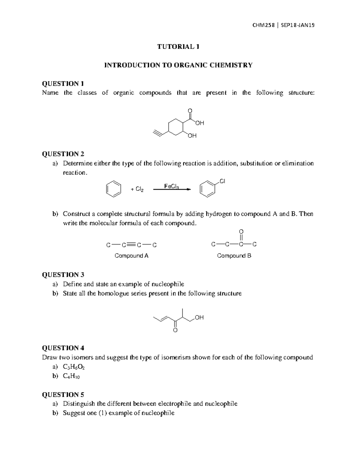Tutorial 1 CHM258 - CHM258 | SEP18-JAN TUTORIAL 1 INTRODUCTION TO ORGANIC CHEMISTRY QUESTION 1 ...