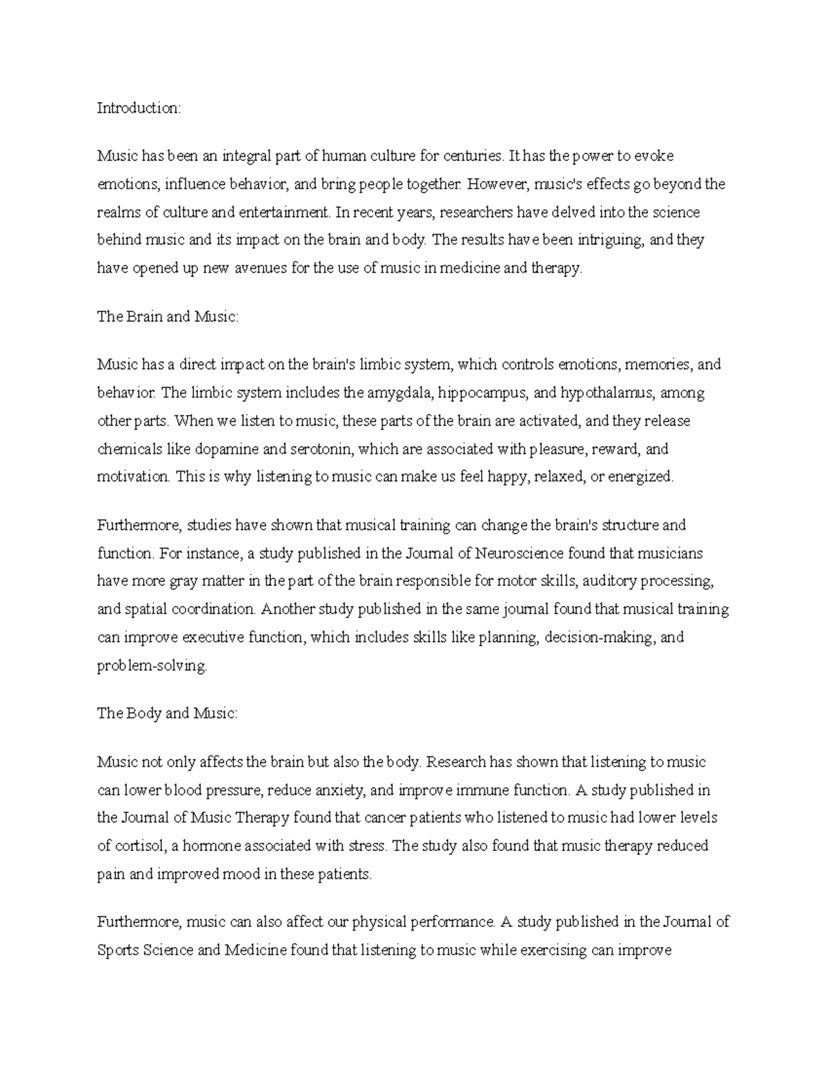 Title The Impact of Music on the Brain and Body - Introduction: Music ...