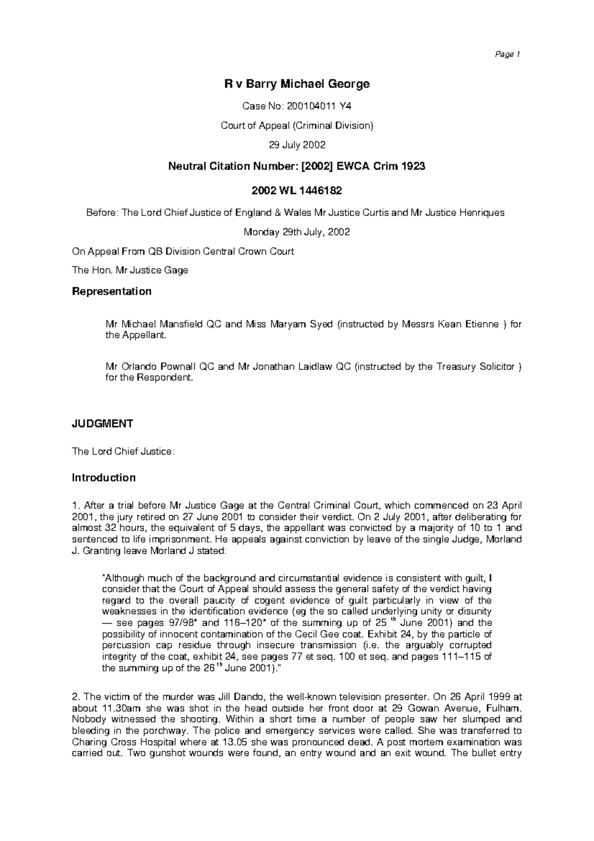 R v George [2002 ] EWCA Crim 1923 - Page 1 R v Barry Michael George ...