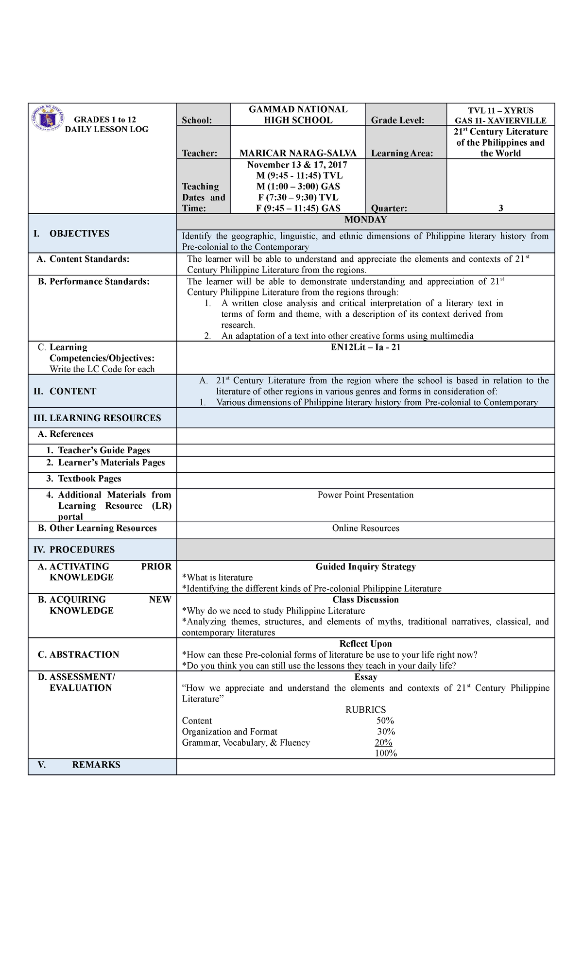 EN12Lit - Ia - 21a - Daily lesson Log - GRADES 1 to 12 DAILY LESSON LOG ...