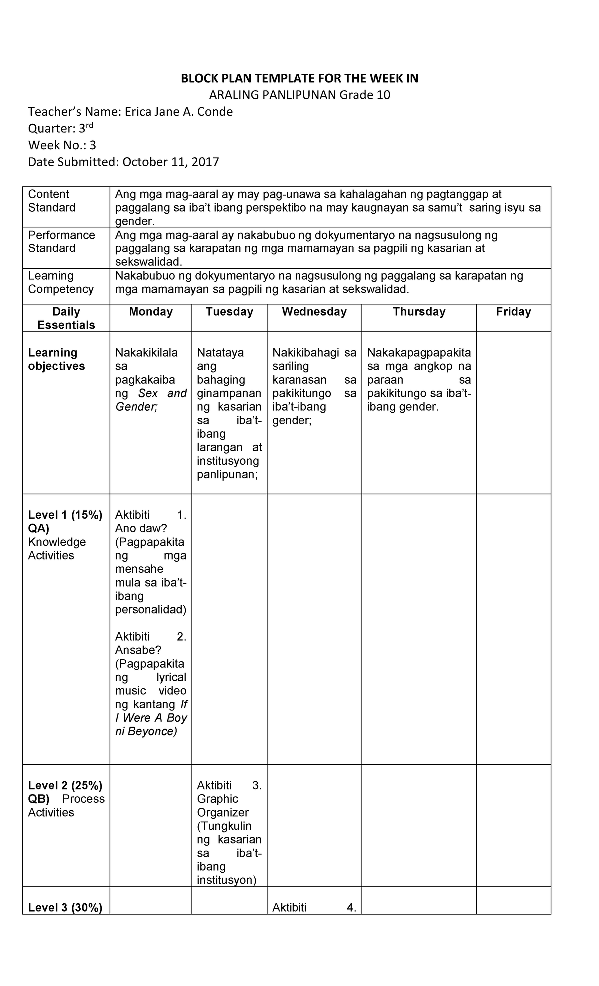 Banghayaralinsaaralingpanlipunan 102-171014043954 - BLOCK PLAN TEMPLATE FOR THE WEEK IN ARALING ...