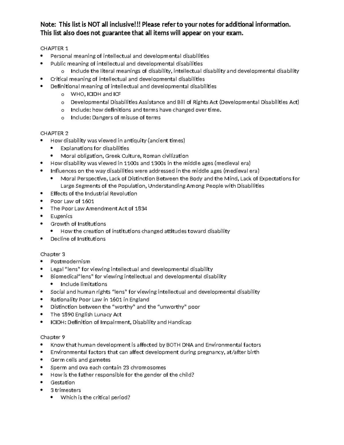 Exam 1 review sheet - Note: This list is NOT all inclusive!!! Please ...