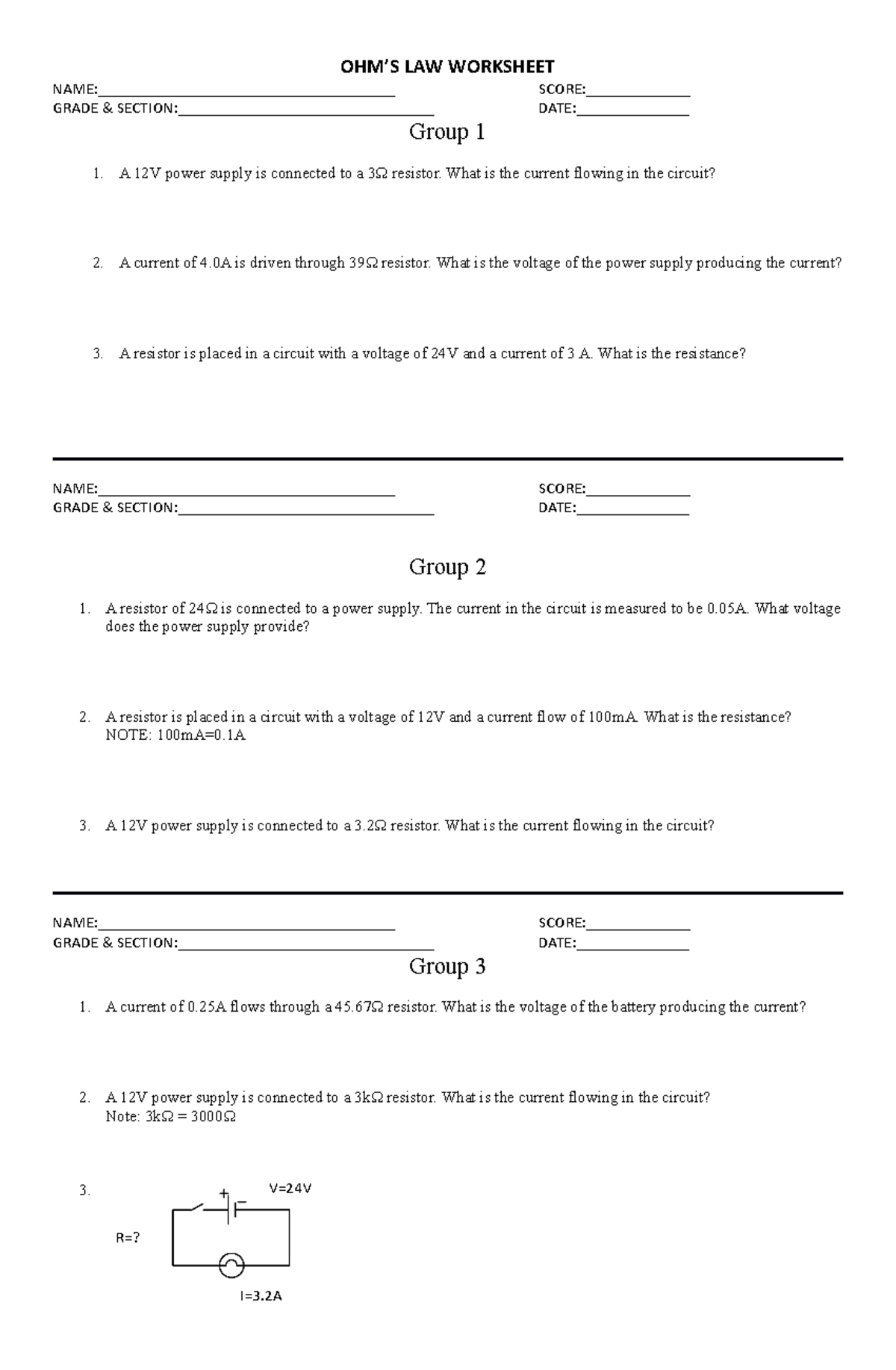 OHMS LAW Worksheet - ohms law - OHM’S LAW WORKSHEET NAME