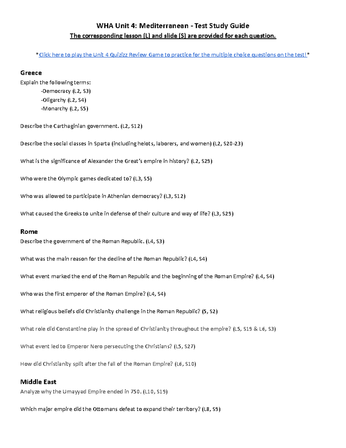 WHA U4 Custom Test Study Guide - WHA Unit 4: Mediterranean - Test Study ...