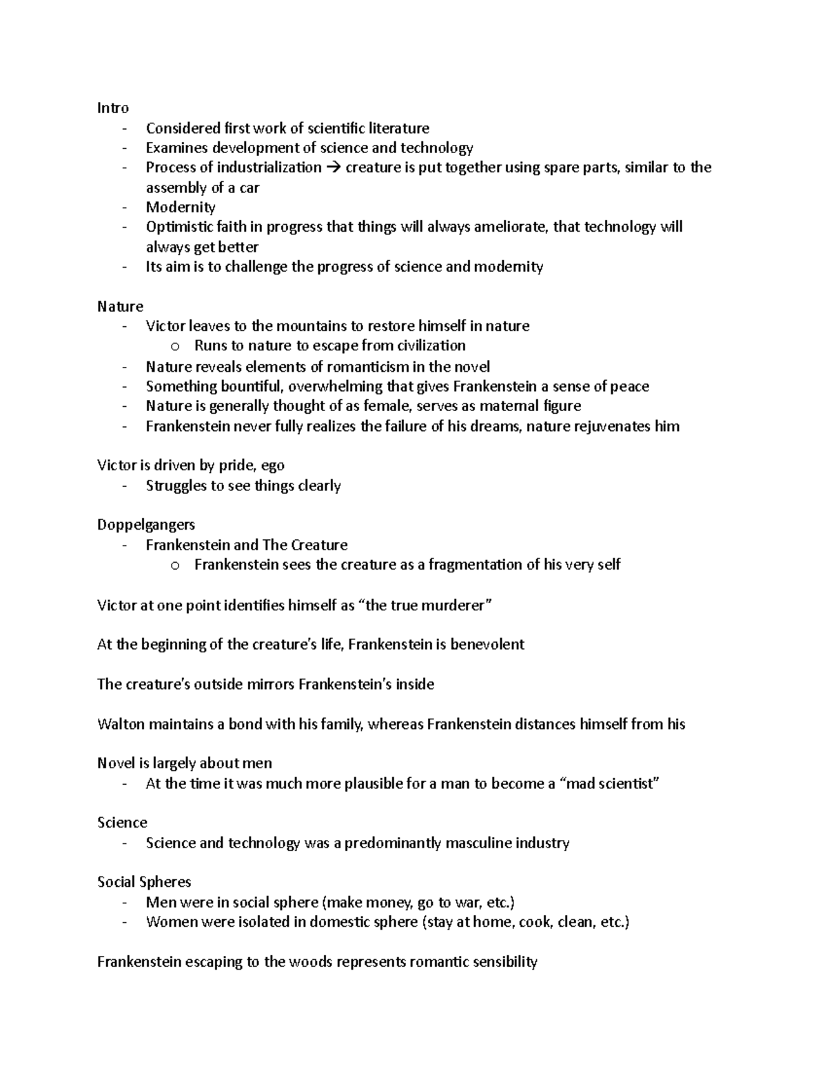 ENG 2071 - Frankenstein Notes - Intro - Considered first work of ...
